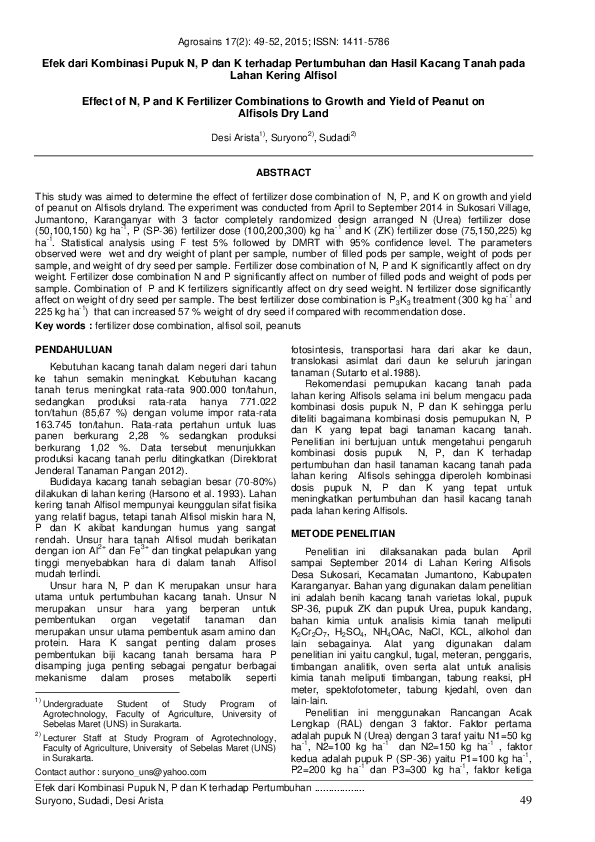 (PDF) Efek dari Kombinasi Pupuk N, P dan K terhadap Pertumbuhan dan Hasil Kacang Tanah pada ...