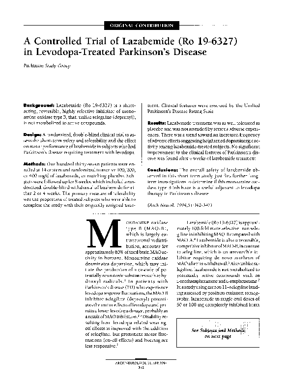 (PDF) A Controlled Trial of Lazabemide (Ro 19-6327) in Levodopa-Treated ...