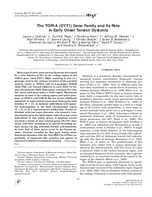 (PDF) The TOR1A (DYT1) Gene Family and Its Role in Early Onset Torsion Dystonia