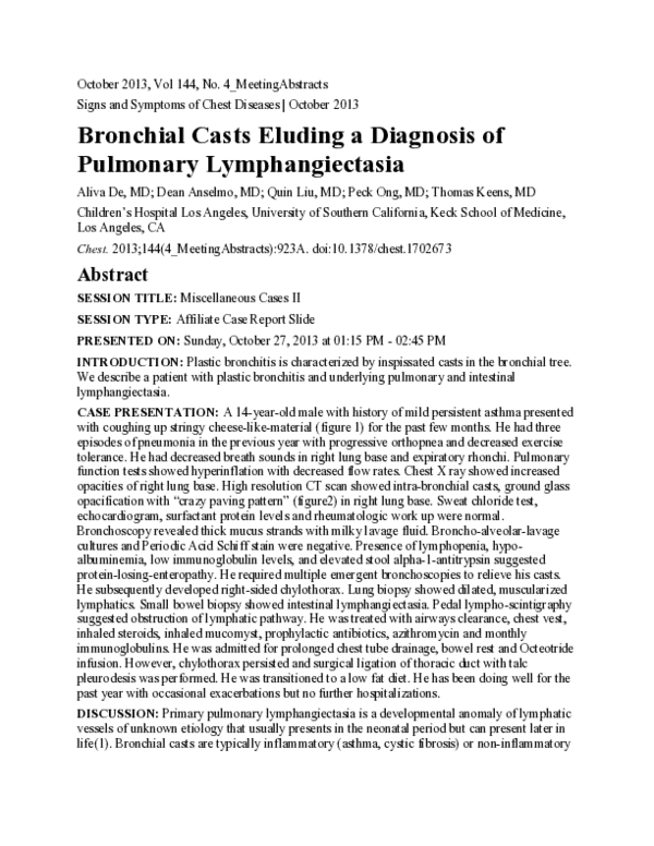 (PDF) Bronchial Casts Eluding a Diagnosis of Pulmonary Lymphangiectasia ...