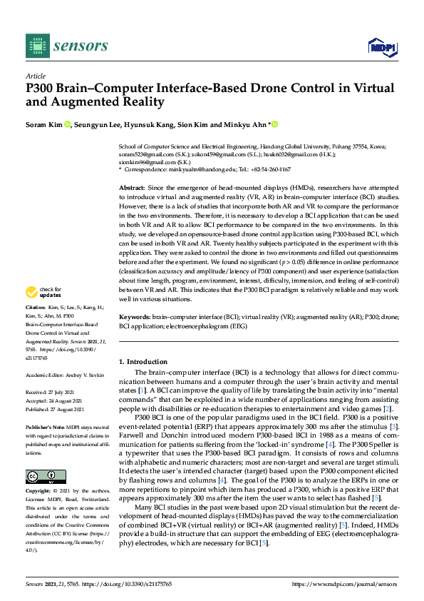 (PDF) P300 Brain–Computer Interface-Based Drone Control in Virtual and Augmented Reality