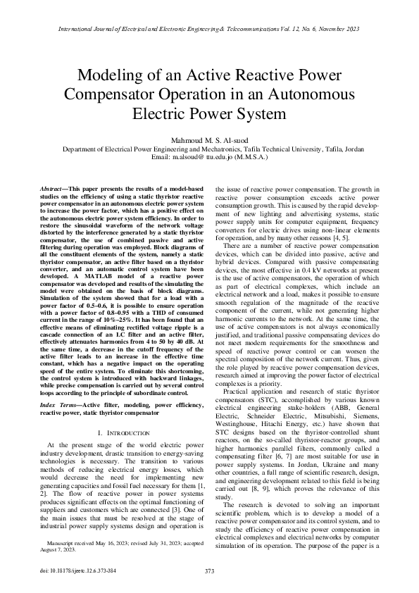 (PDF) Modeling of an Active Reactive Power Compensator Operation in an Autonomous Electric Power ...