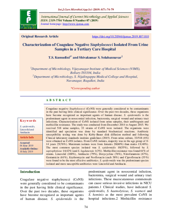 (PDF) Characterization of Coagulase Negative Staphylococci Isolated ...