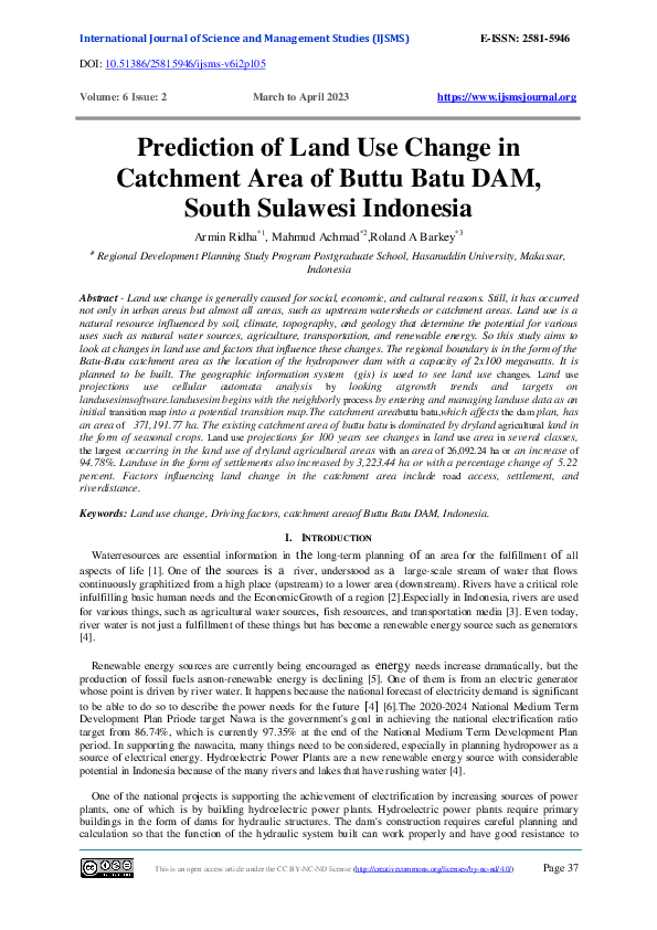 (PDF) Prediction of Land Use Change in Catchment Area of Buttu Batu DAM ...