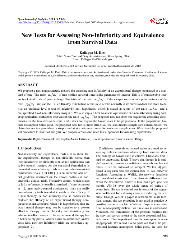(PDF) New Tests for Assessing Non-Inferiority and Equivalence from ...