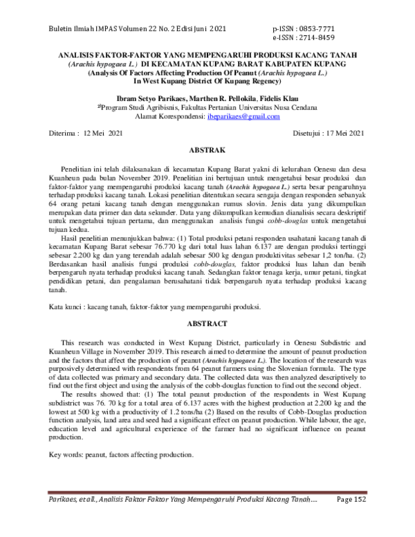 (PDF) ANALISIS FAKTOR-FAKTOR YANG MEMPENGARUHI PRODUKSI KACANG TANAH (Arachis hypogaea L.) DI ...