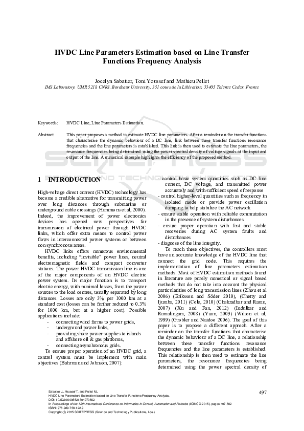 Pdf Hvdc Line Parameters Estimation Based On Line Transfer Functions