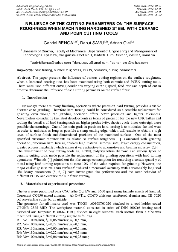 (PDF) Influence of the Cutting Parameters on the Surface Roughness when Machining Hardened Steel ...