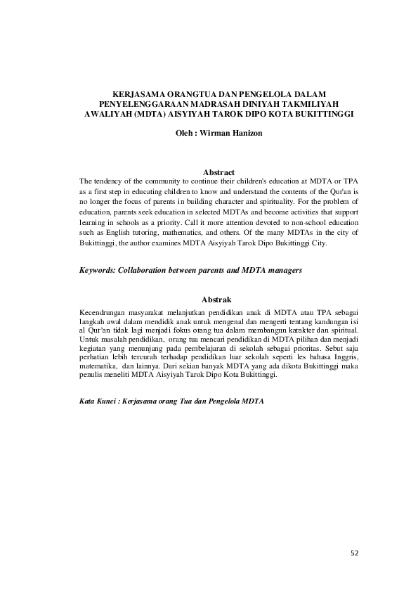 (PDF) Kerjasama Orangtua Dan Pengelola Dalam Penyelenggaraan Madrasah ...