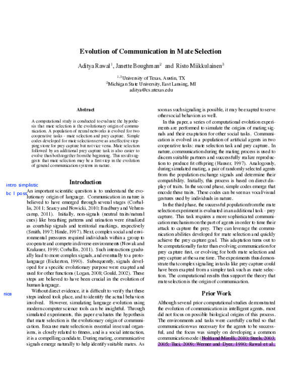(PDF) Evolution of Communication in Mate Selection
