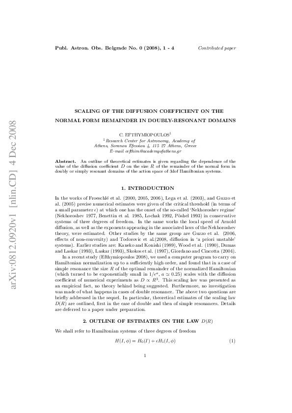 (PDF) Scaling of the diffusion coefficient on the normal form remainder in doubly resonant domains