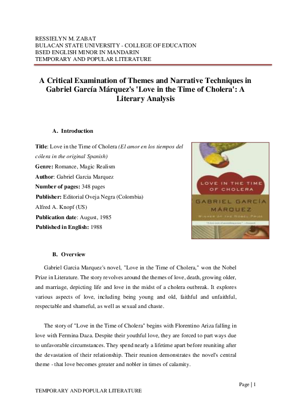 (PDF) A Literary Analysis of Love in the Time of Cholera