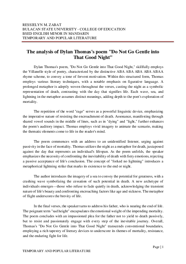 (PDF) The analysis of Dylan Thomas's poem "Do Not Go Gentle into That ...