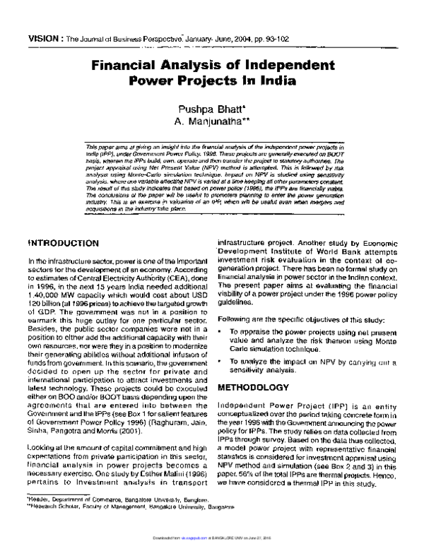 (PDF) Financial Analysis of Independent Power Projects in India