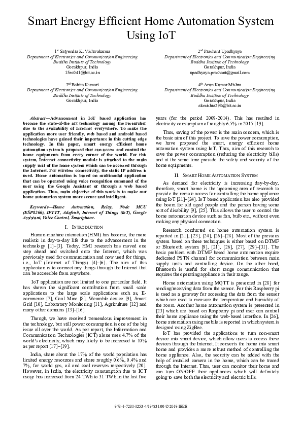 (PDF) Smart Energy Efficient Home Automation System Using IoT