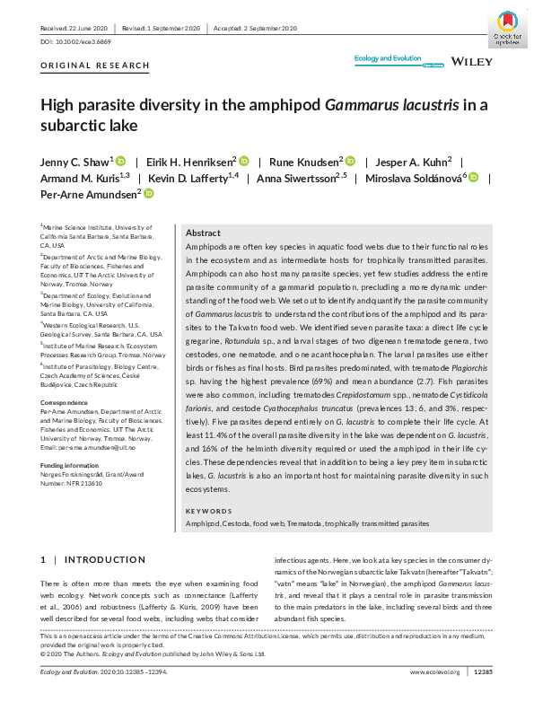 (PDF) High parasite diversity in the amphipod Gammarus lacustris in a ...