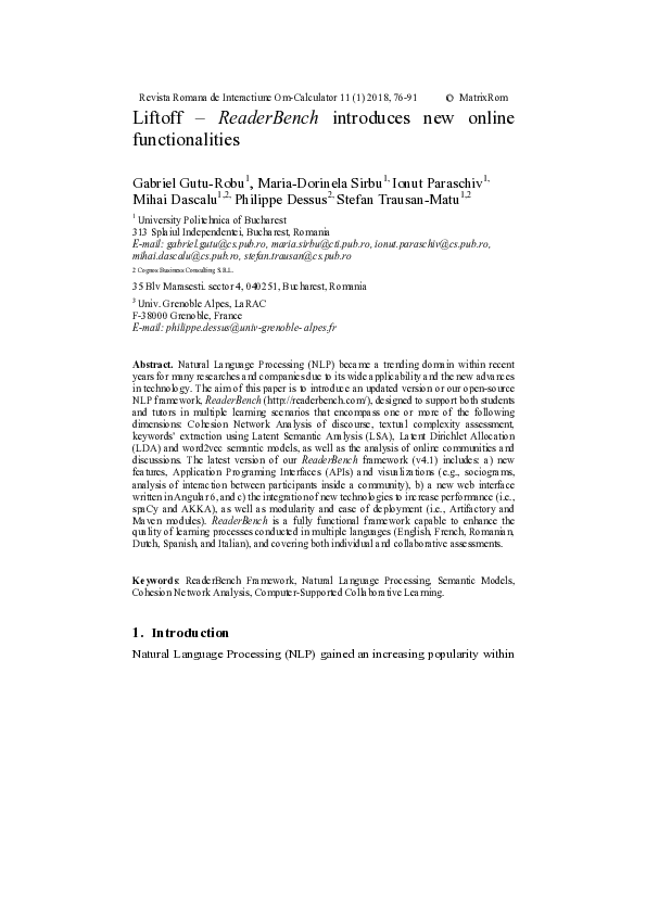 (PDF) Liftoff – ReaderBench introduces new online functionalities (PDF) Liftoff – ReaderBench introduces new online functionalities