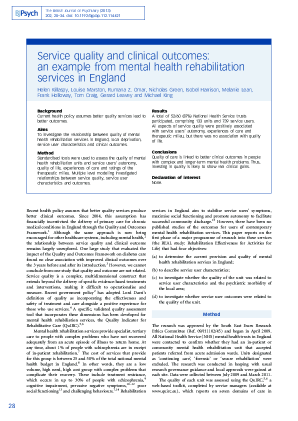 (PDF) Service quality and clinical outcomes: an example from mental ...