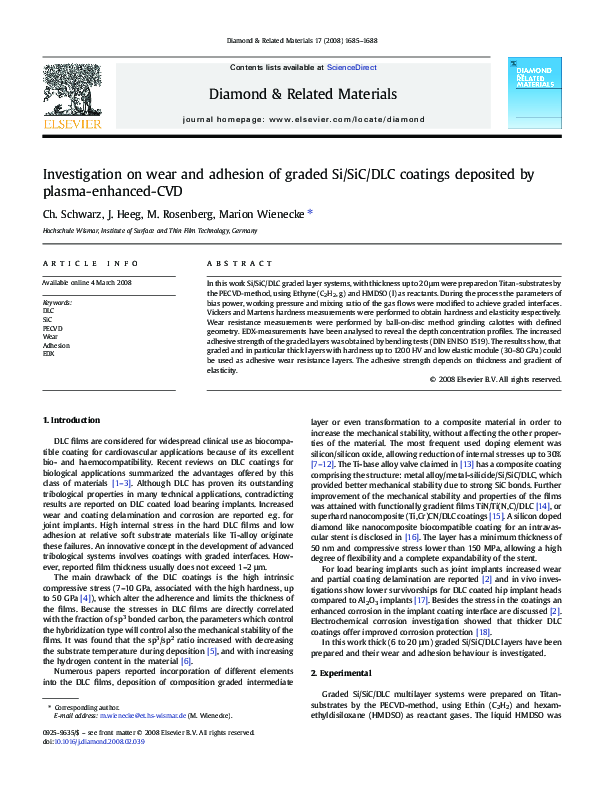 (PDF) Investigation on wear and adhesion of graded Si/SiC/DLC coatings deposited by plasma ...