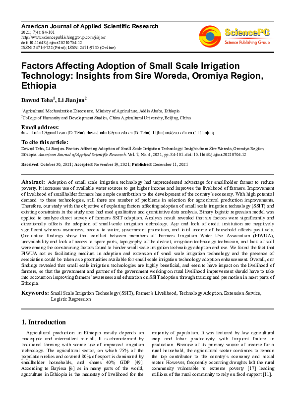 (PDF) Factors Affecting Adoption of Small Scale Irrigation Technology: Insights from Sire Woreda ...