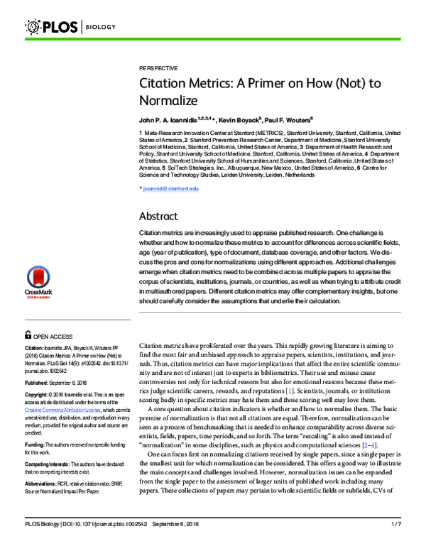 (PDF) Citation Metrics: A Primer on How (Not) to Normalize