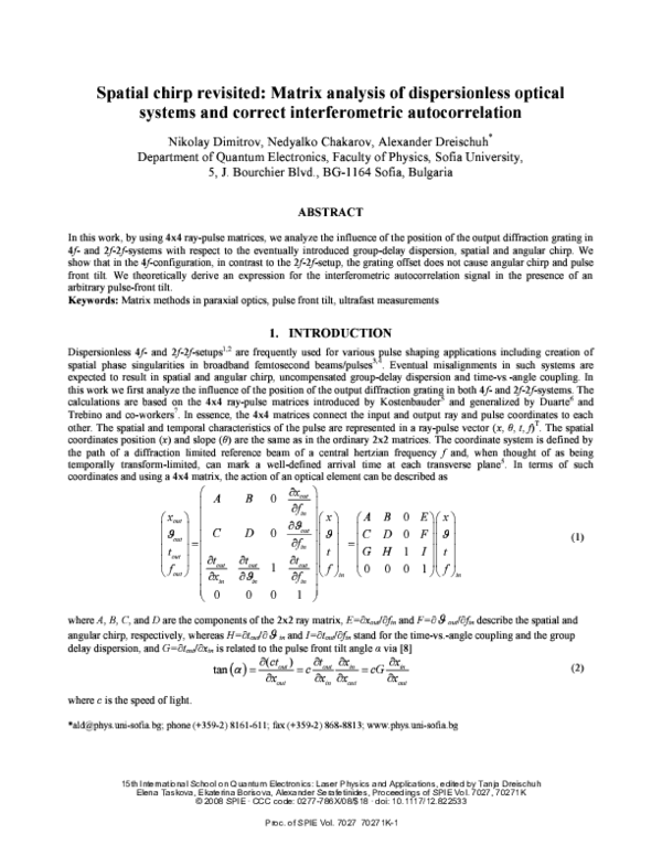 Pdf Spatial Chirp Revisited Matrix Analysis Of Dispersionless Optical Systems And Correct