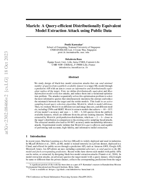 (PDF) Marich: A Query-efficient Distributionally Equivalent Model Extraction Attack using Public ...
