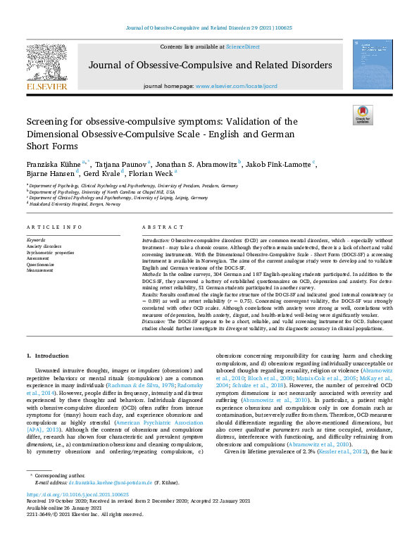 (PDF) Screening for obsessive-compulsive symptoms: Validation of the Dimensional Obsessive ...