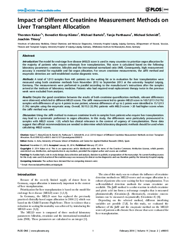 (PDF) Impact of Different Creatinine Measurement Methods on Liver Transplant Allocation ...