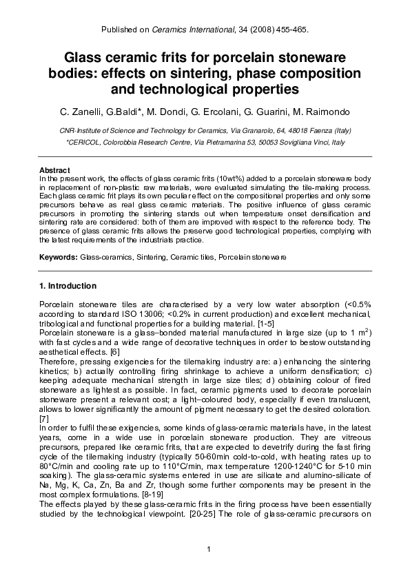(PDF) Glass–ceramic frits for porcelain stoneware bodies: Effects on ...
