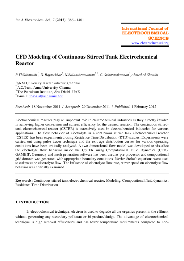 (PDF) CFD Modeling of Continuous Stirred Tank Electrochemical Reactor
