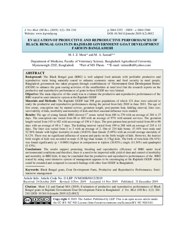 (PDF) Evaluation of Productive and Reproductive Performances of Black Bengal Goats in Rajshahi ...