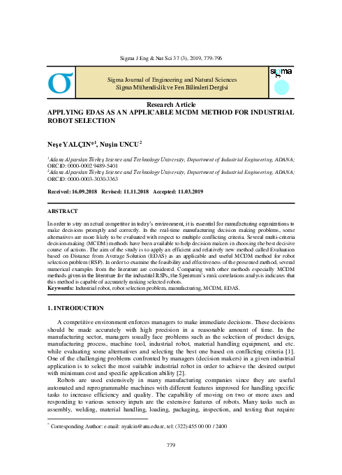 (PDF) Applying Edas as an Applicable MCDM Method for Industrial Robot Selection