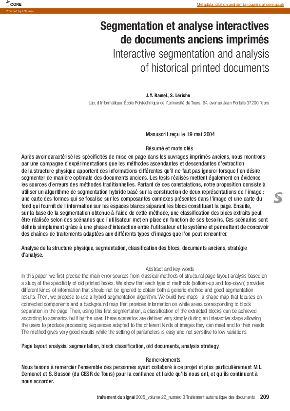 (PDF) Interactive segmentation and analysis of historical printed documents