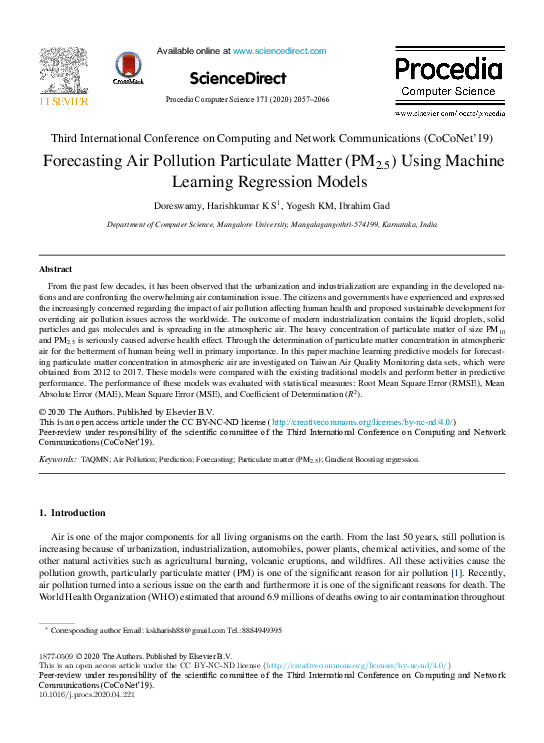 Pdf Forecasting Air Pollution Particulate Matter Pm2 5 Using Machine Learning Regression Models