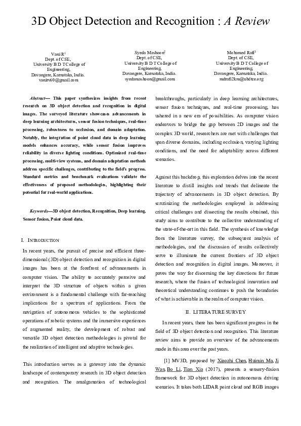 Pdf 3d Object Detection And Recognition A Review