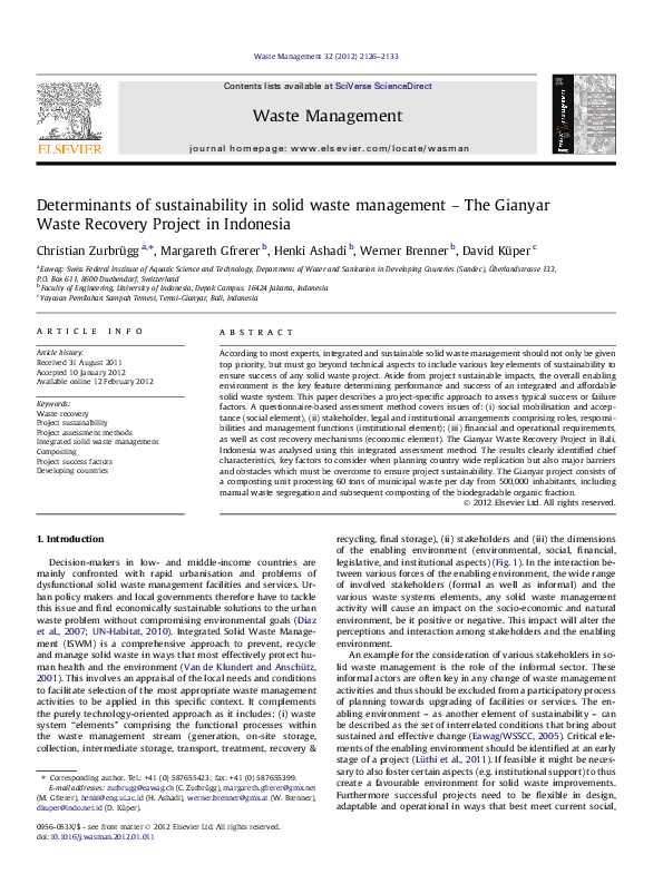 (PDF) Determinants of sustainability in solid waste management – The ...