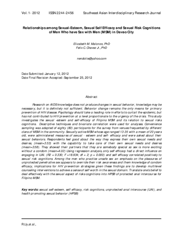 Pdf Sexual Esteem Sexual Self Efficacy And Sexual Risk Cognitions Of