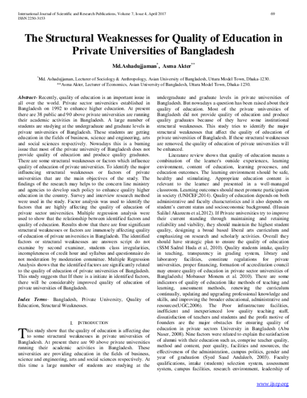 (PDF) The Structural Weaknesses for Quality of Education in Private Universities of Bangladesh