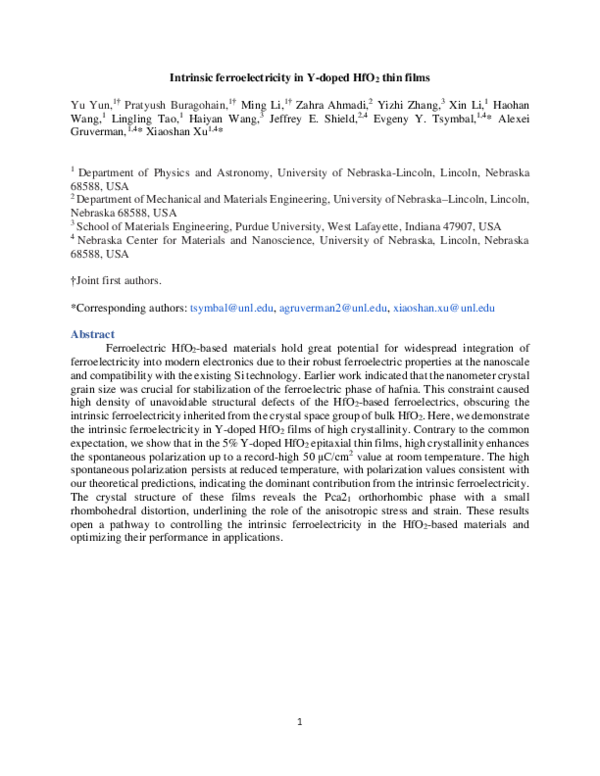 (PDF) Intrinsic ferroelectricity in Y-doped HfO2 thin films