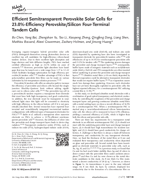 (PDF) Efficient Semitransparent Perovskite Solar Cells for 23.0% ...