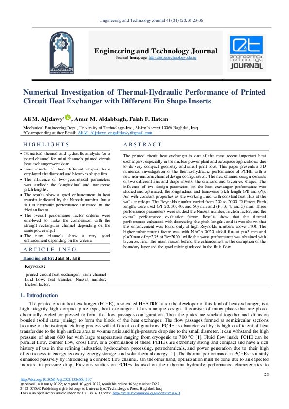 (PDF) Numerical Investigation of Thermal-Hydraulic Performance of Printed Circuit Heat Exchanger ...