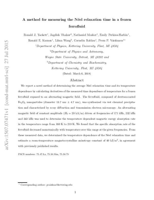 (PDF) A method for measuring the Néel relaxation time in a frozen ...