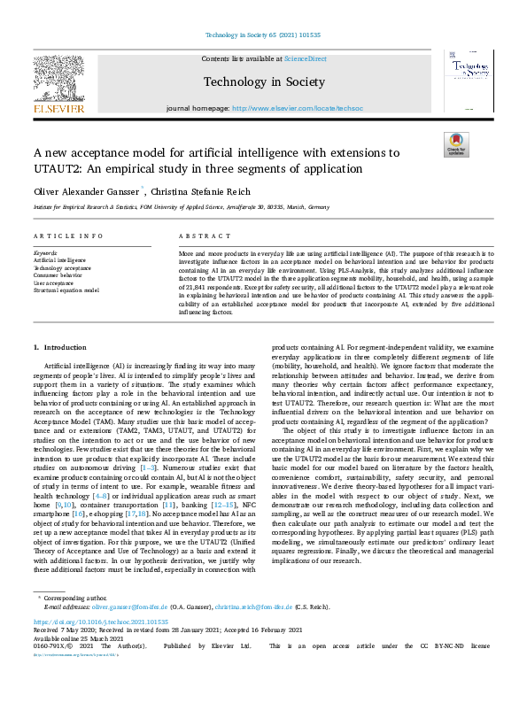 (PDF) A new acceptance model for artificial intelligence with extensions to UTAUT2: An empirical ...