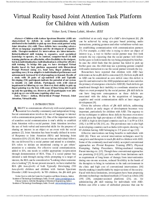 (PDF) Virtual Reality Based Joint Attention Task Platform for Children With Autism