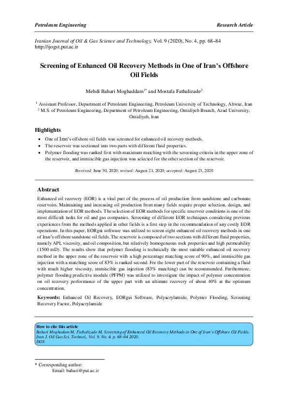 (PDF) Screening of Enhanced Oil Recovery Methods in One of Iran’s ...