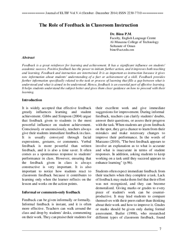 (PDF) The Role of Feedback in Classroom Instruction