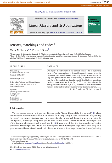 (PDF) Tensors, matchings and codes