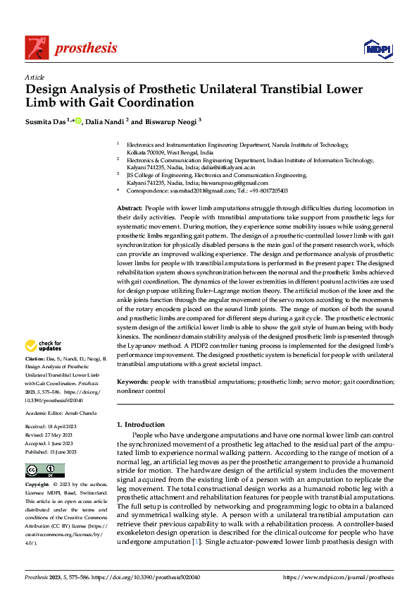 (PDF) Design Analysis of Prosthetic Unilateral Transtibial Lower Limb with Gait Coordination