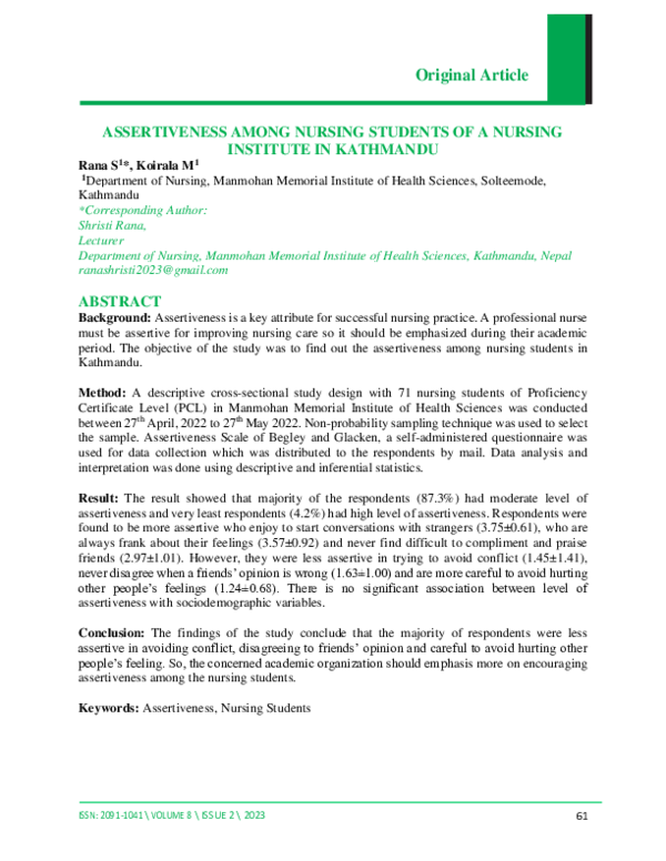 (PDF) Assertiveness Among Nursing Students Of A Nursing Institute In ...